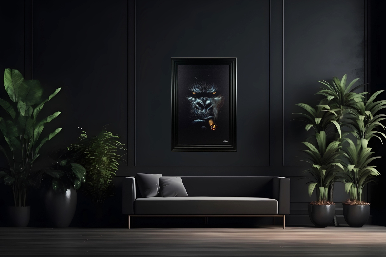 Framed Clear Coat Overlay Art Picture of a Smoking Gorilla