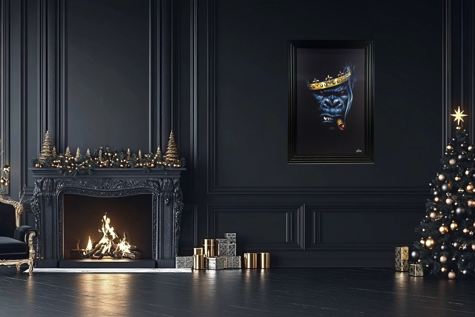 Framed Clear Coat Overlay Art Picture of a Crowned Gorilla