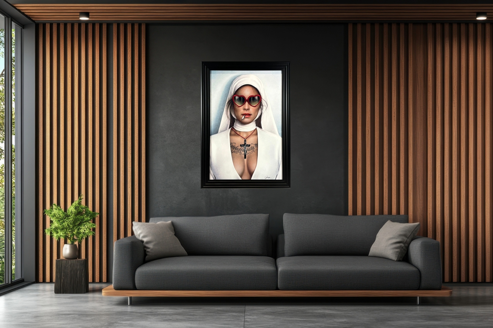 Framed Clear Coat Overlay Art Picture of a Tattooed Nun