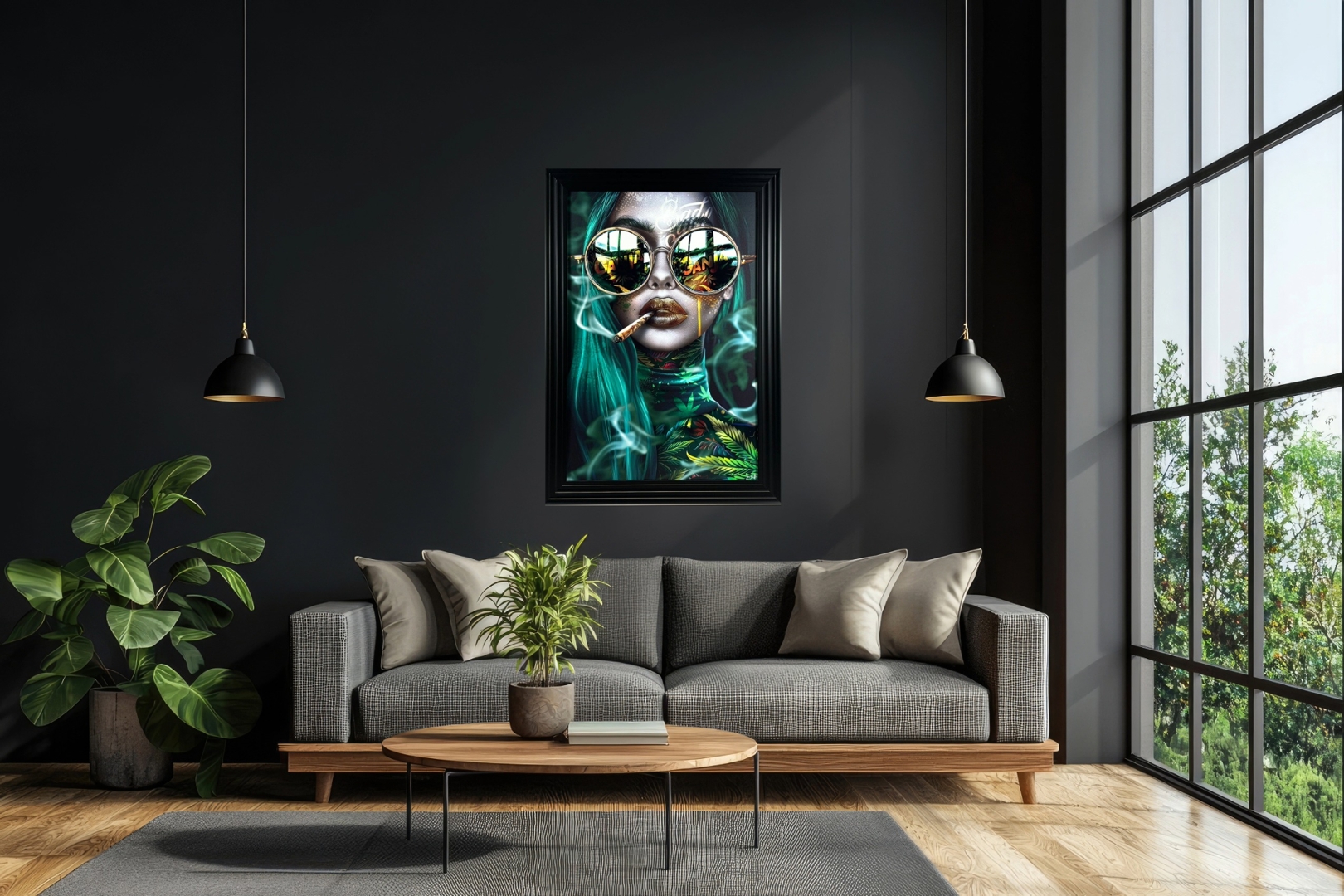 Framed Clear Coat Overlay Art Picture of a Green Smoking Lady