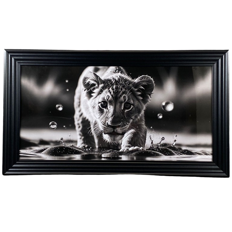 Liquid Art Picture of a Black and White Hunting Lion Cub