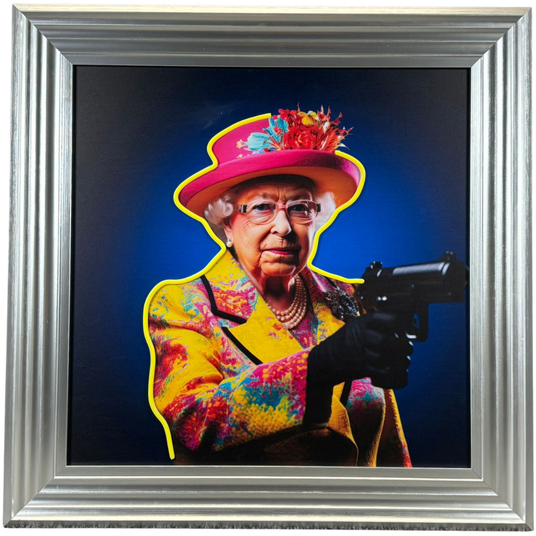 Framed LED Wall Art Picture of Queen Elizabeth with a Gun