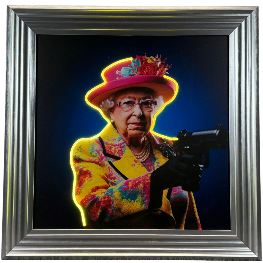 Framed LED Wall Art Picture of Queen Elizabeth with a Gun