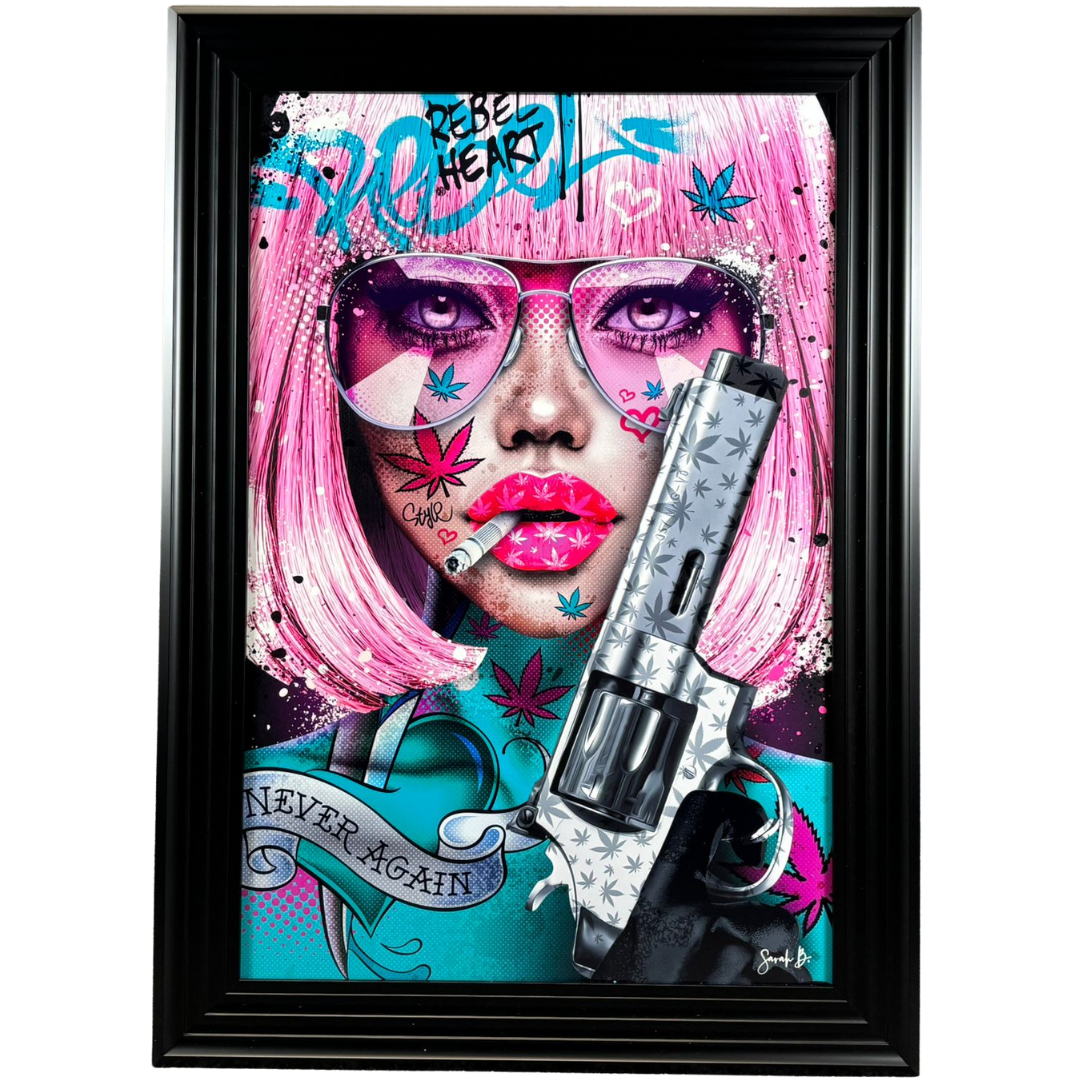 Framed Clear Coat Overlay Art Picture of a Lady in Pink Holding a Gun