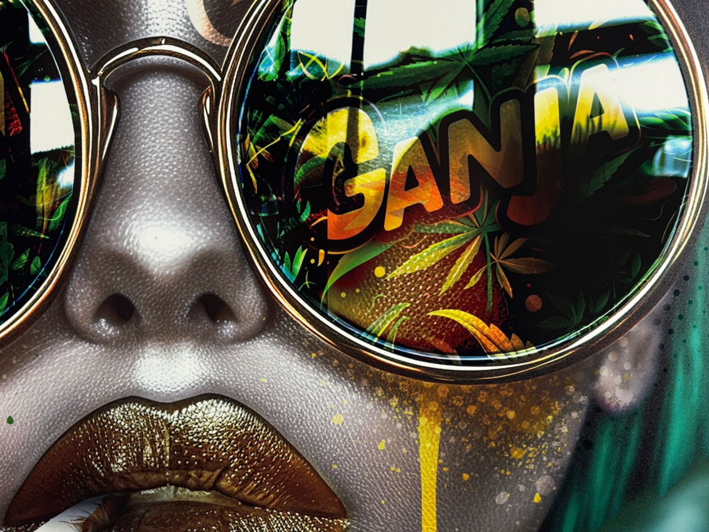 Framed Clear Coat Overlay Art Picture of a Green Smoking Lady