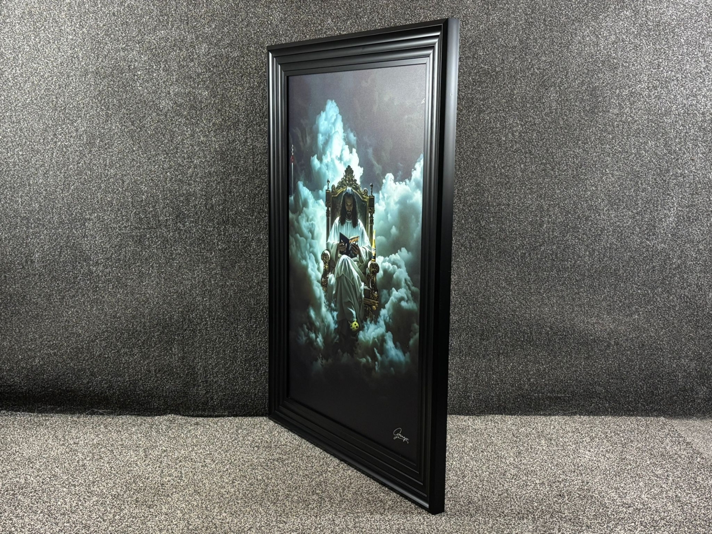 Framed Clear Coat Overlay Art Picture of Jesus on His Throne