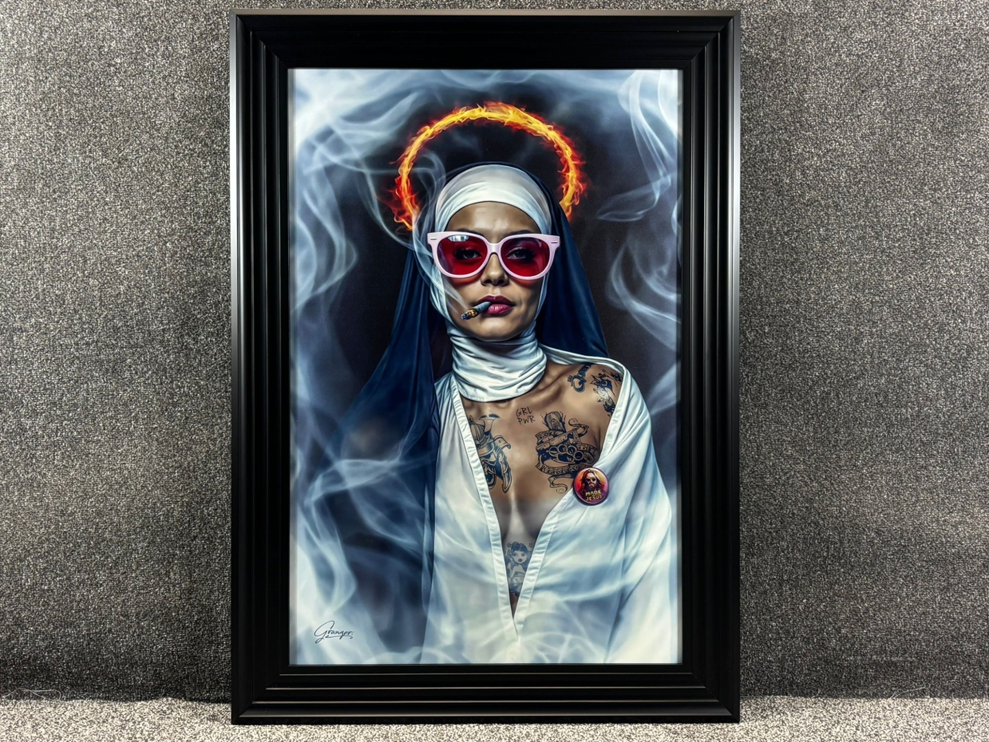 Framed Clear Coat Overlay Art Picture of a Smoking Nun with a Fire Halo