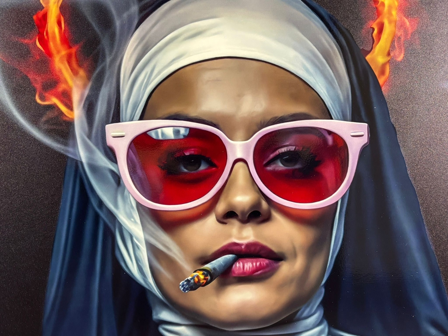 Framed Clear Coat Overlay Art Picture of a Smoking Nun with a Fire Halo