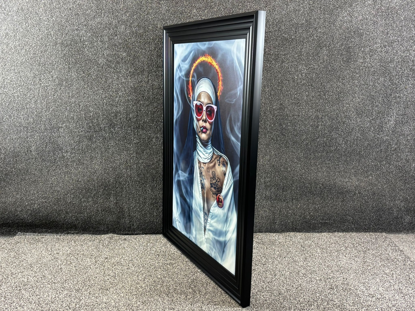 Framed Clear Coat Overlay Art Picture of a Smoking Nun with a Fire Halo