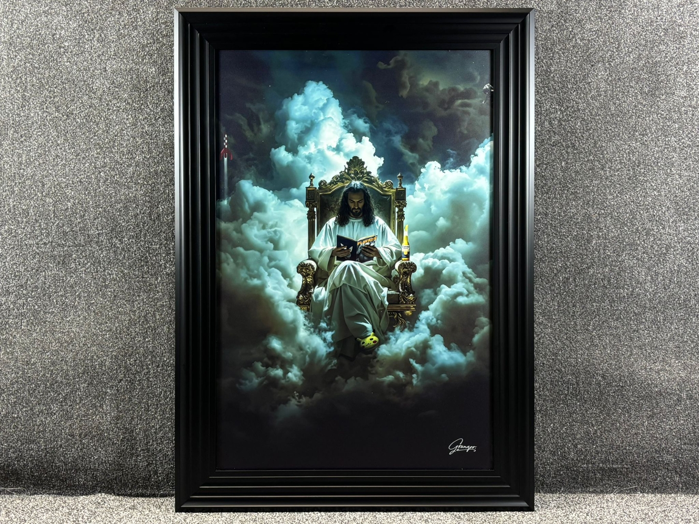 Framed Clear Coat Overlay Art Picture of Jesus on His Throne