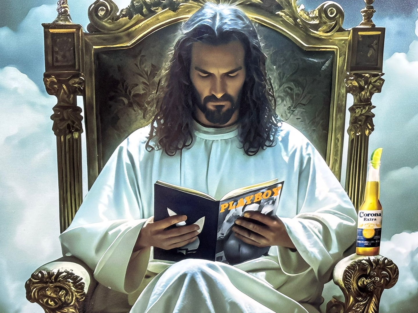 Framed Clear Coat Overlay Art Picture of Jesus on His Throne