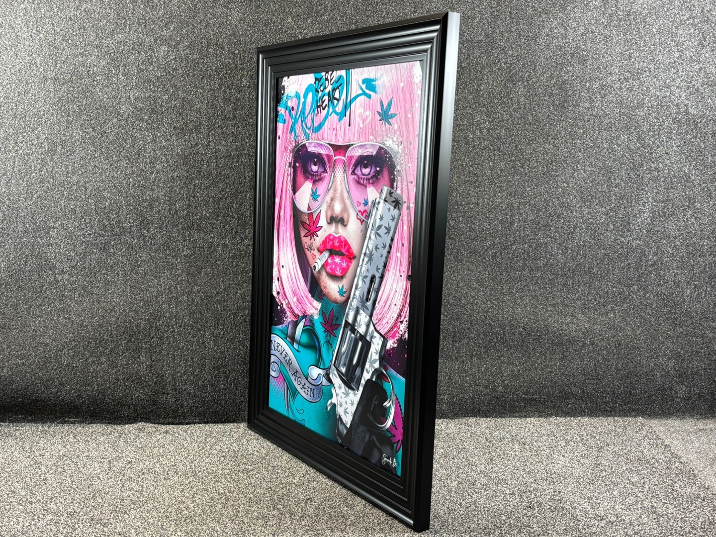 Framed Clear Coat Overlay Art Picture of a Lady in Pink Holding a Gun