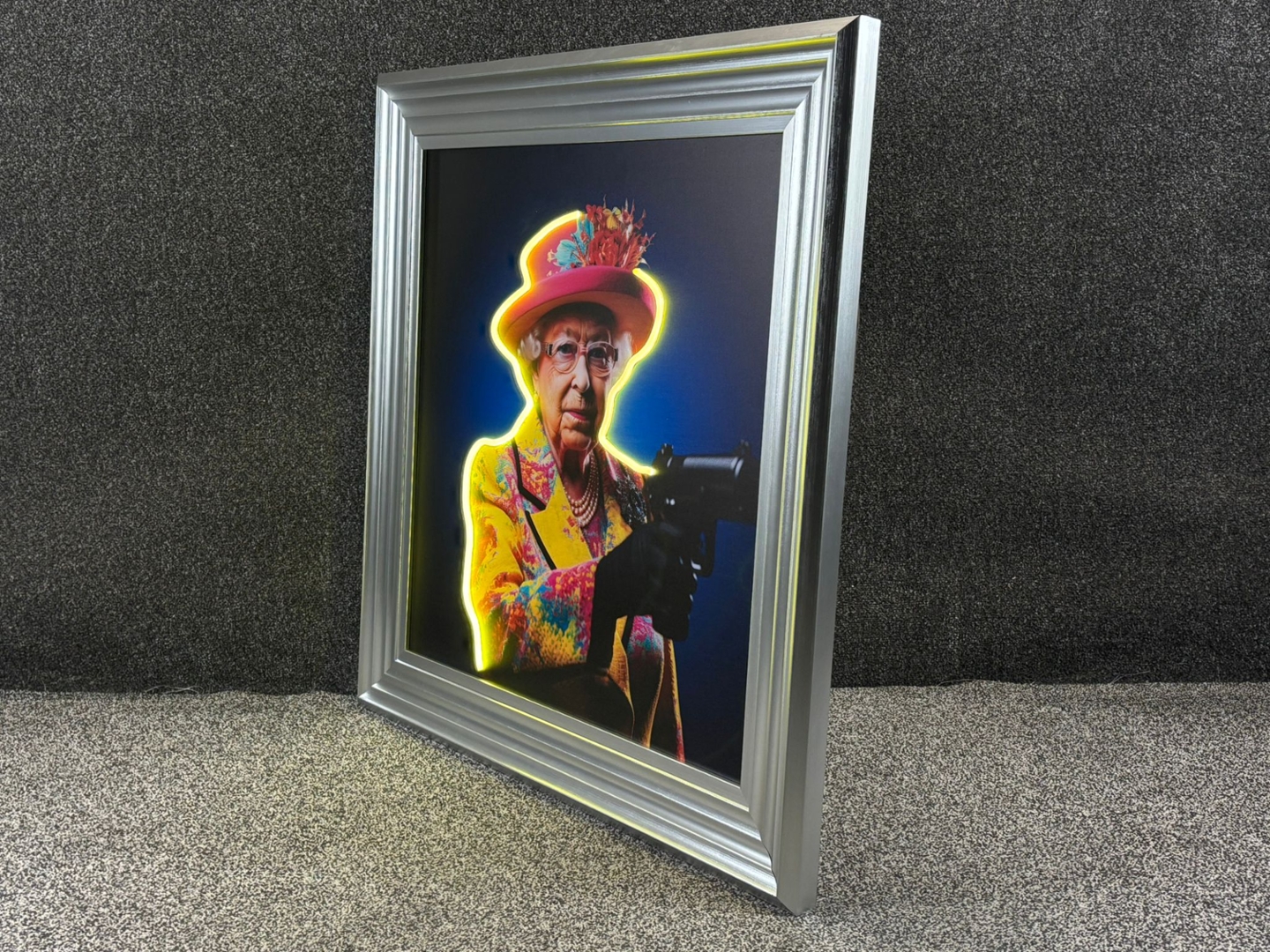 Framed LED Wall Art Picture of Queen Elizabeth with a Gun