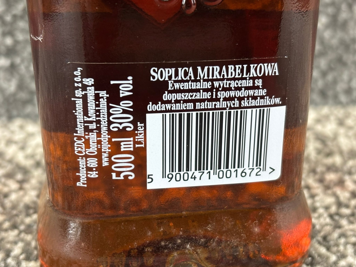 Bottle of Soplica Mirabelkowa Vodka Liqueur.
